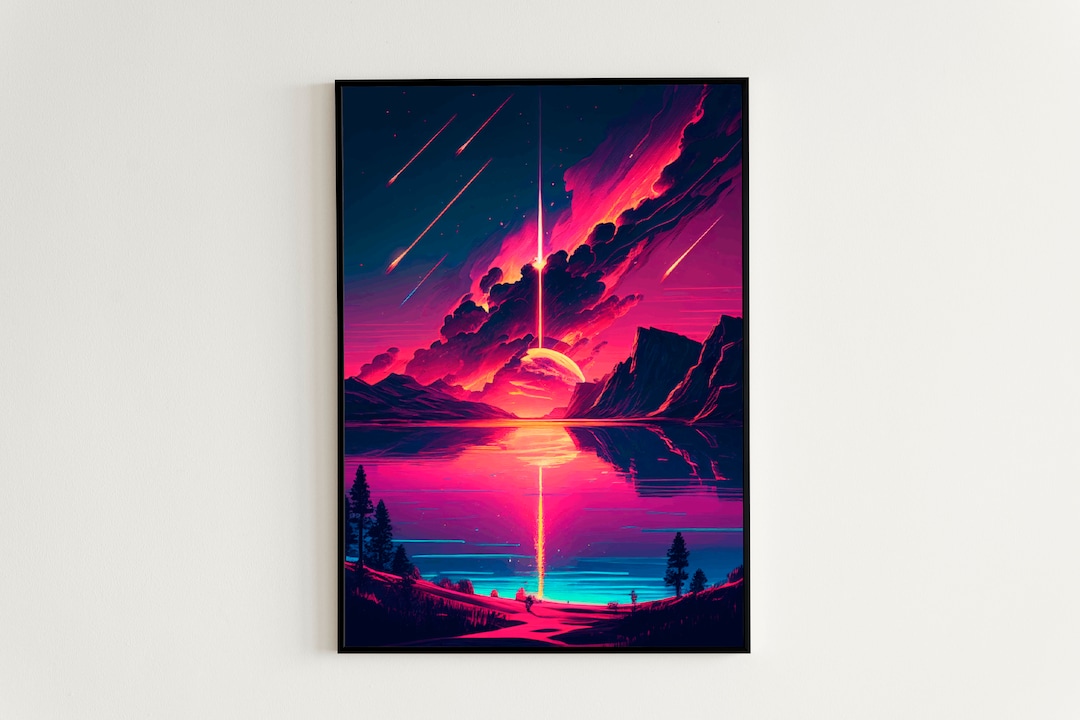 Vintage / Retro Digital Poster | Synthwave Lake and Sunset Landscape ...