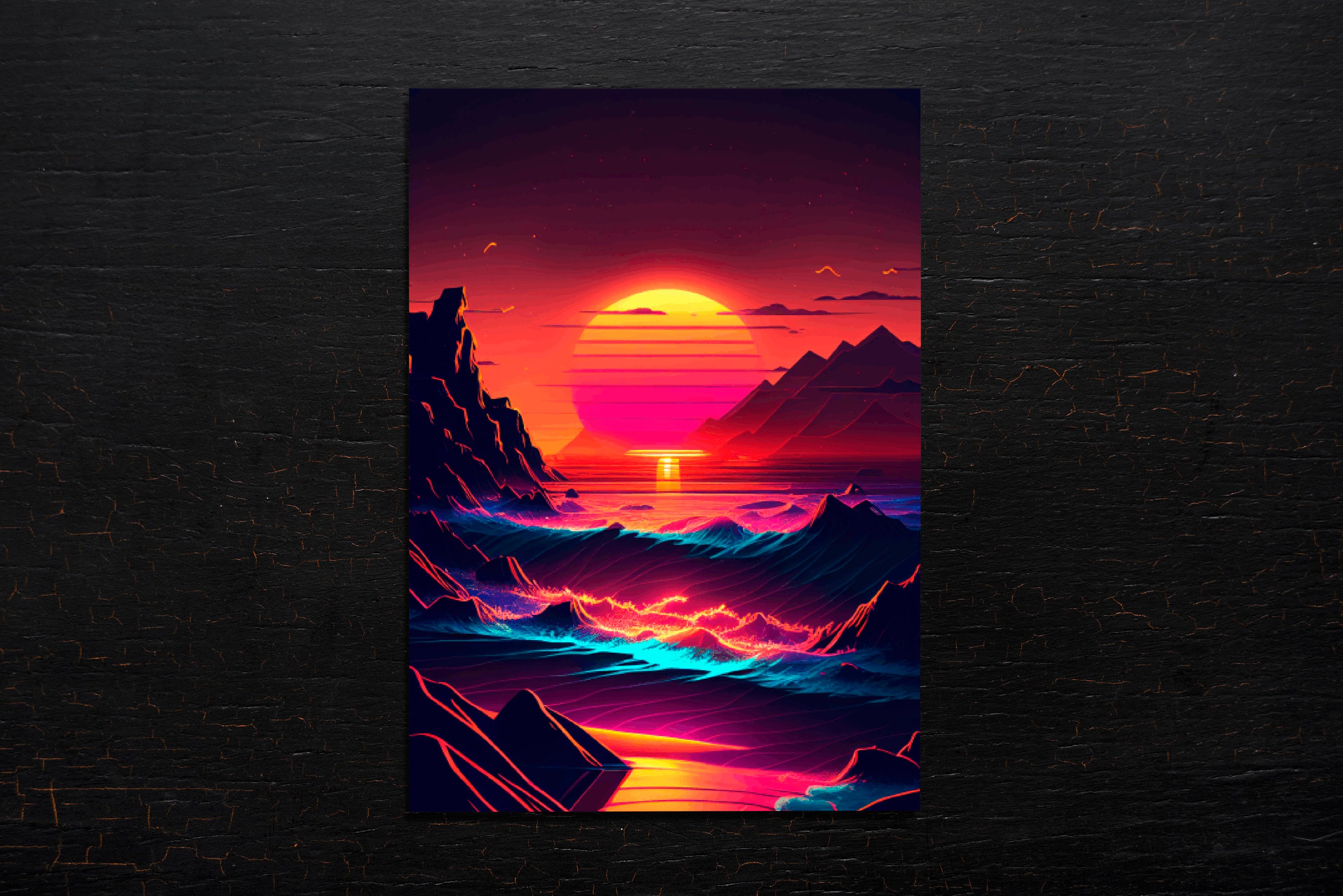 Vintage / Retro Digital Poster | Synthwave Lake and Sunset Landscape ...