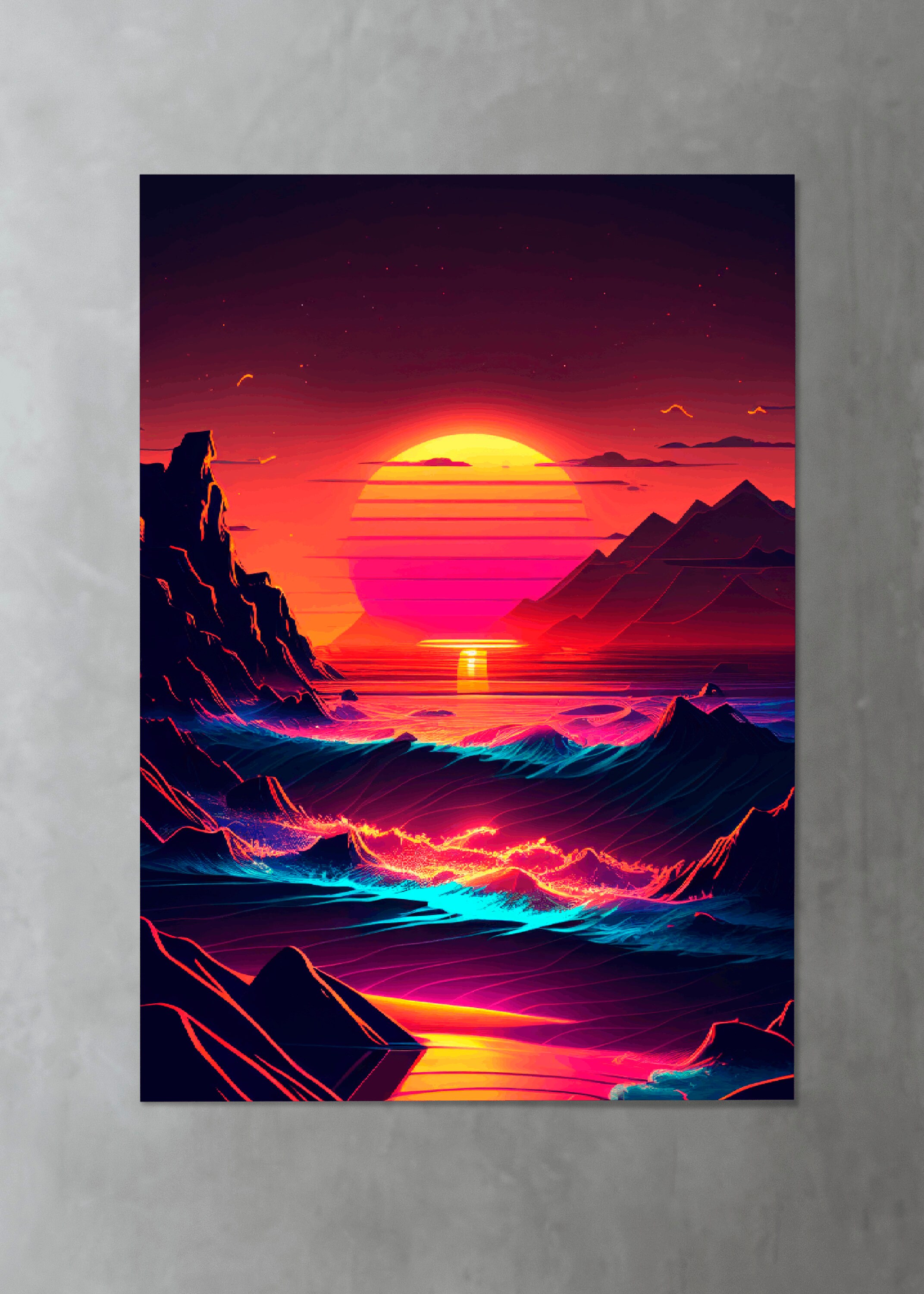 Vintage / Retro Digital Poster | Synthwave Lake and Sunset Landscape ...