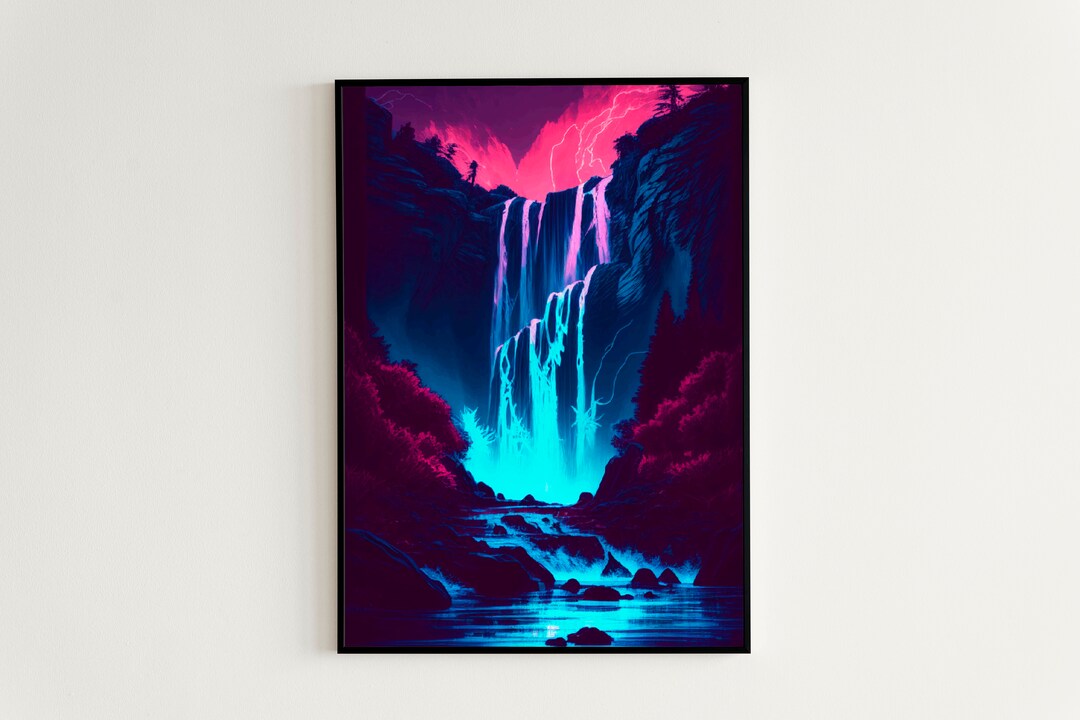 Vintage / Retro Digital Poster | Synthwave Waterfall Mountain Printable ...