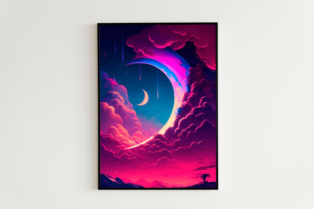 Vintage / Retro Digital Poster | Synthwave Cloudy Sky Crescent Moon ...