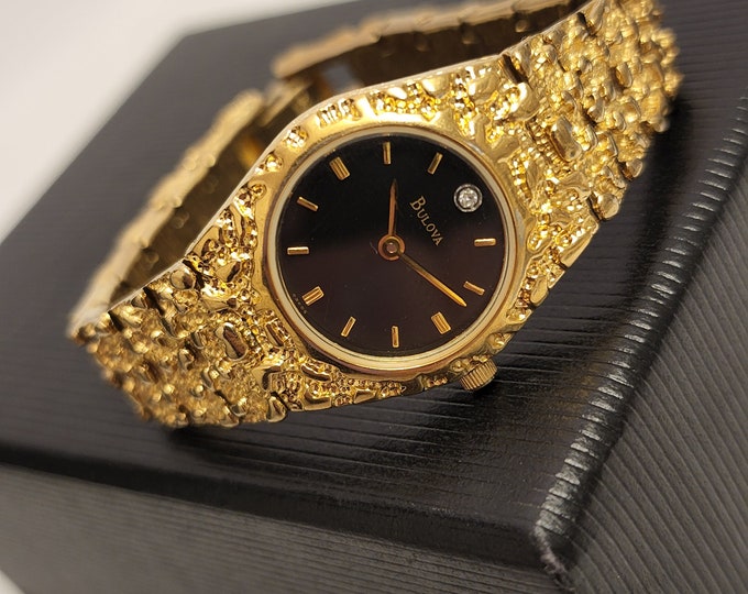 Retro Gold Nugget Watch Bulova Quartz With Black Dial and Faux Diamond ...