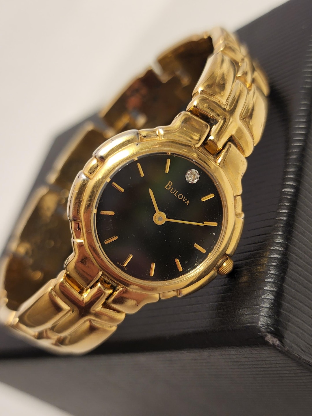 Vintage Womens Watch Gold Tone Bulova Quartz With Black Dial T5 1995 ...