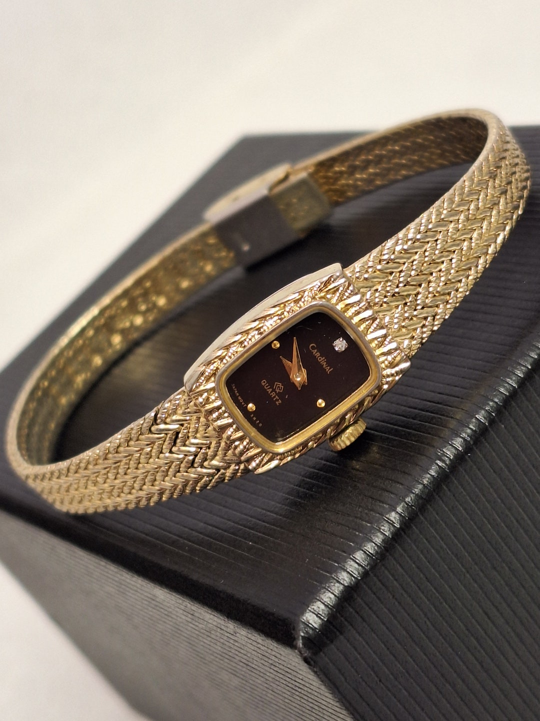 Vintage Gold Watch Womens Cardinal With Black Dial and Adjustable ...