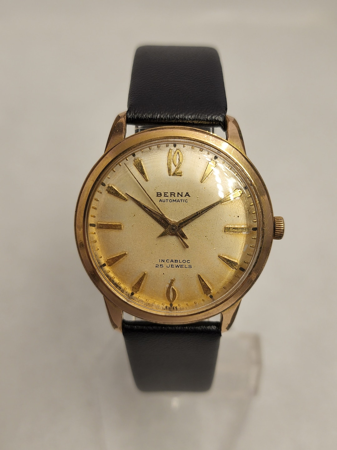 Vintage Gold Watch Berna Automatic on Black Strap Please Read Full ...