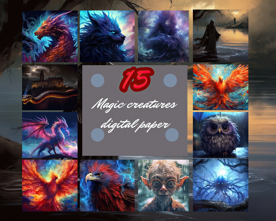 Digital Paper Pack, 15 Magic Creatures, Phoenix Background, Wizard Pets ...