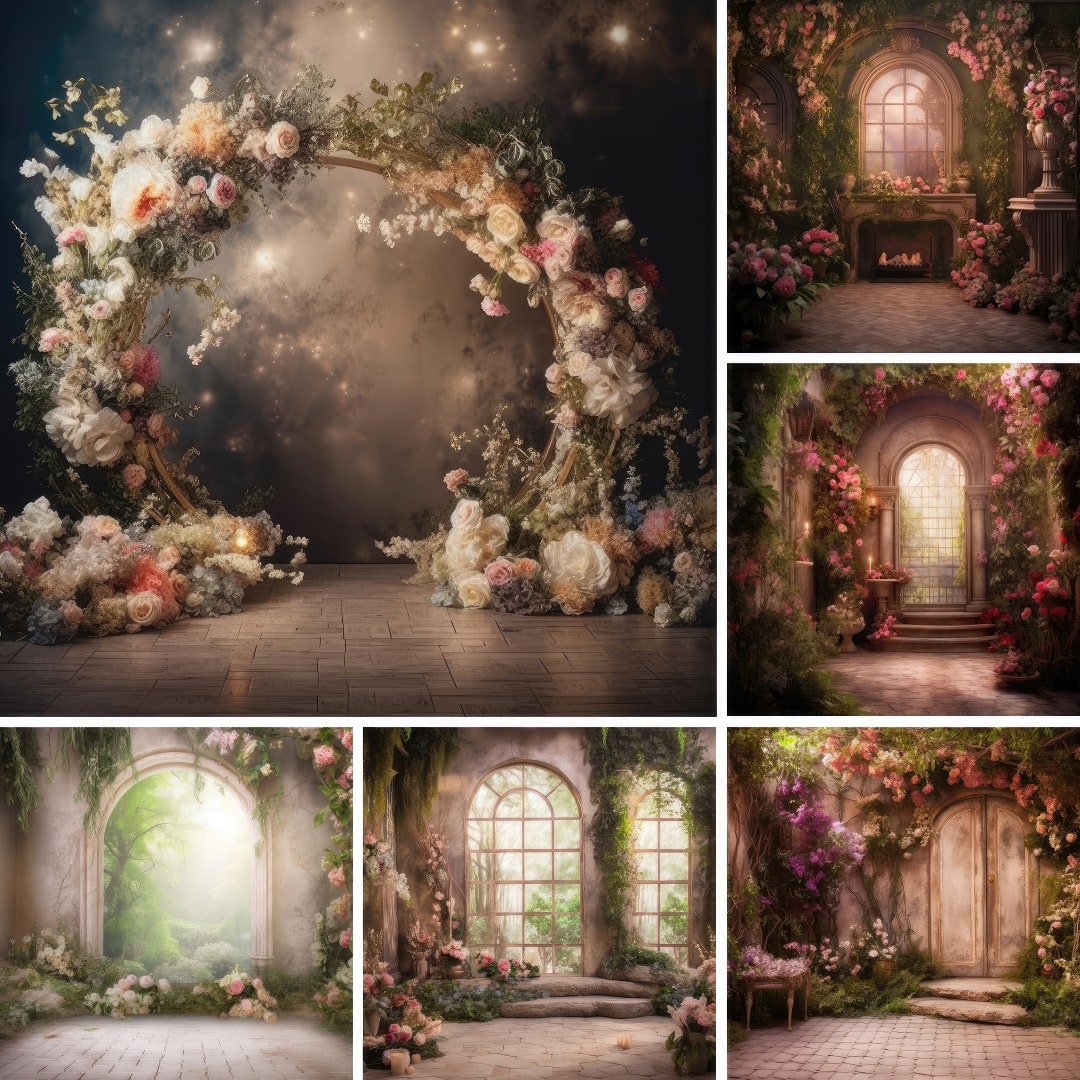 Floral Room Digital Backdrops Bundle | Blue Curtain With Flower ...