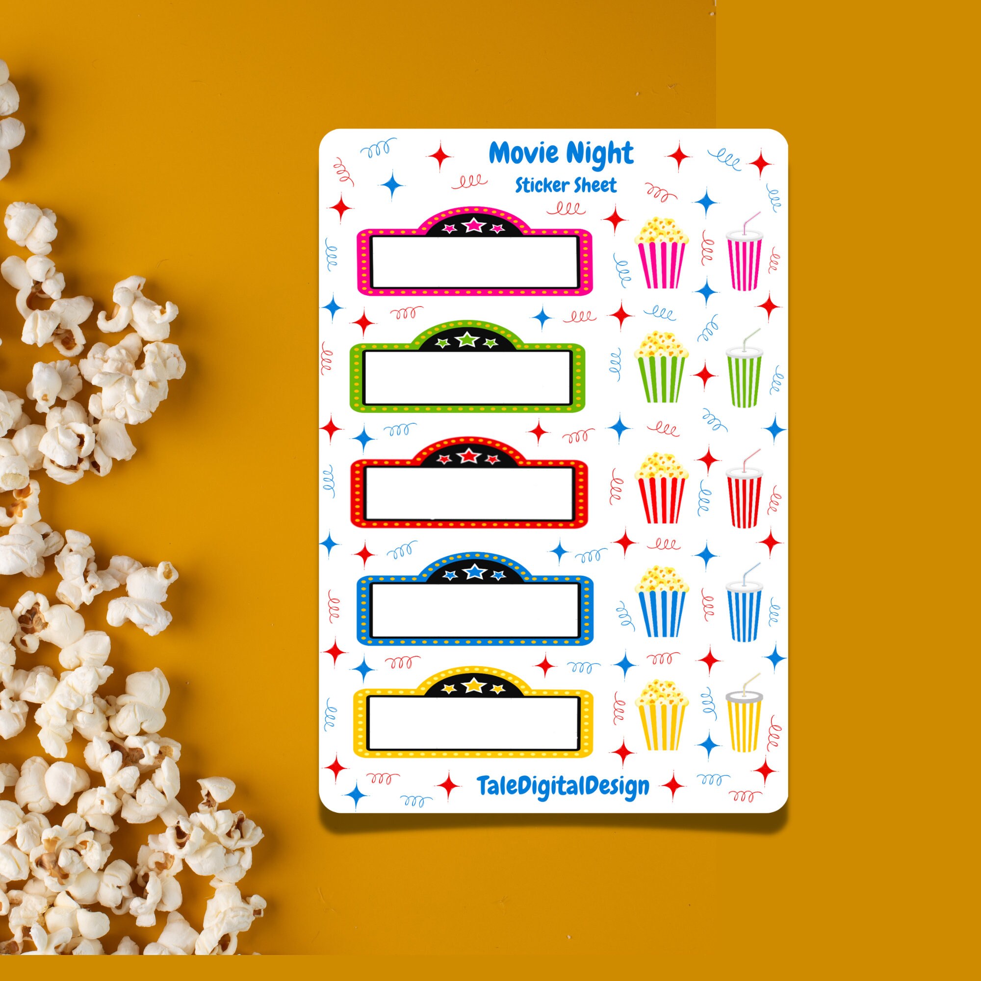Movie Night Sticker Sheet Set Popcorn Movie Ticker Soft Drink 3D ...