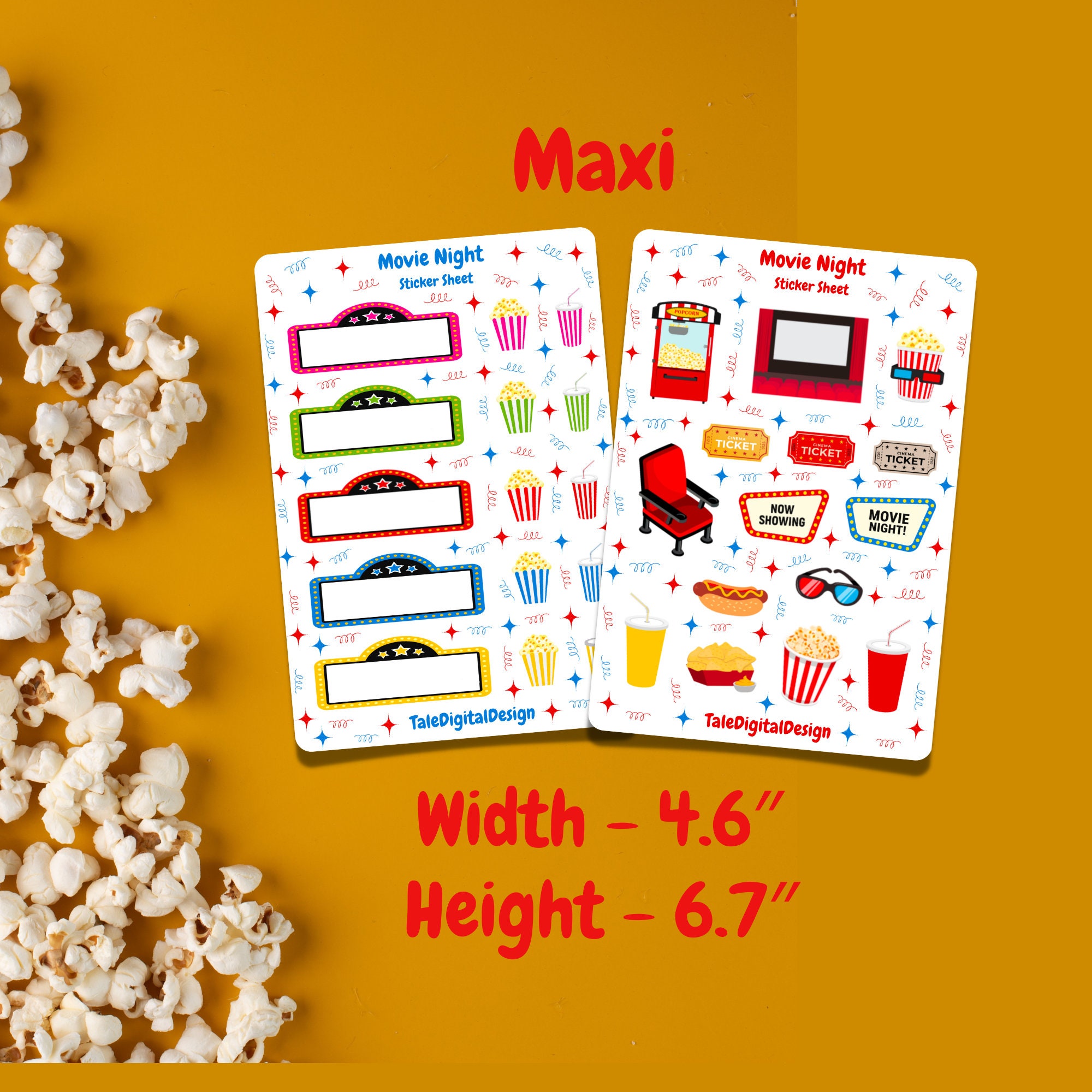 Movie Night Sticker Sheet Set Popcorn Movie Ticker Soft Drink 3D ...