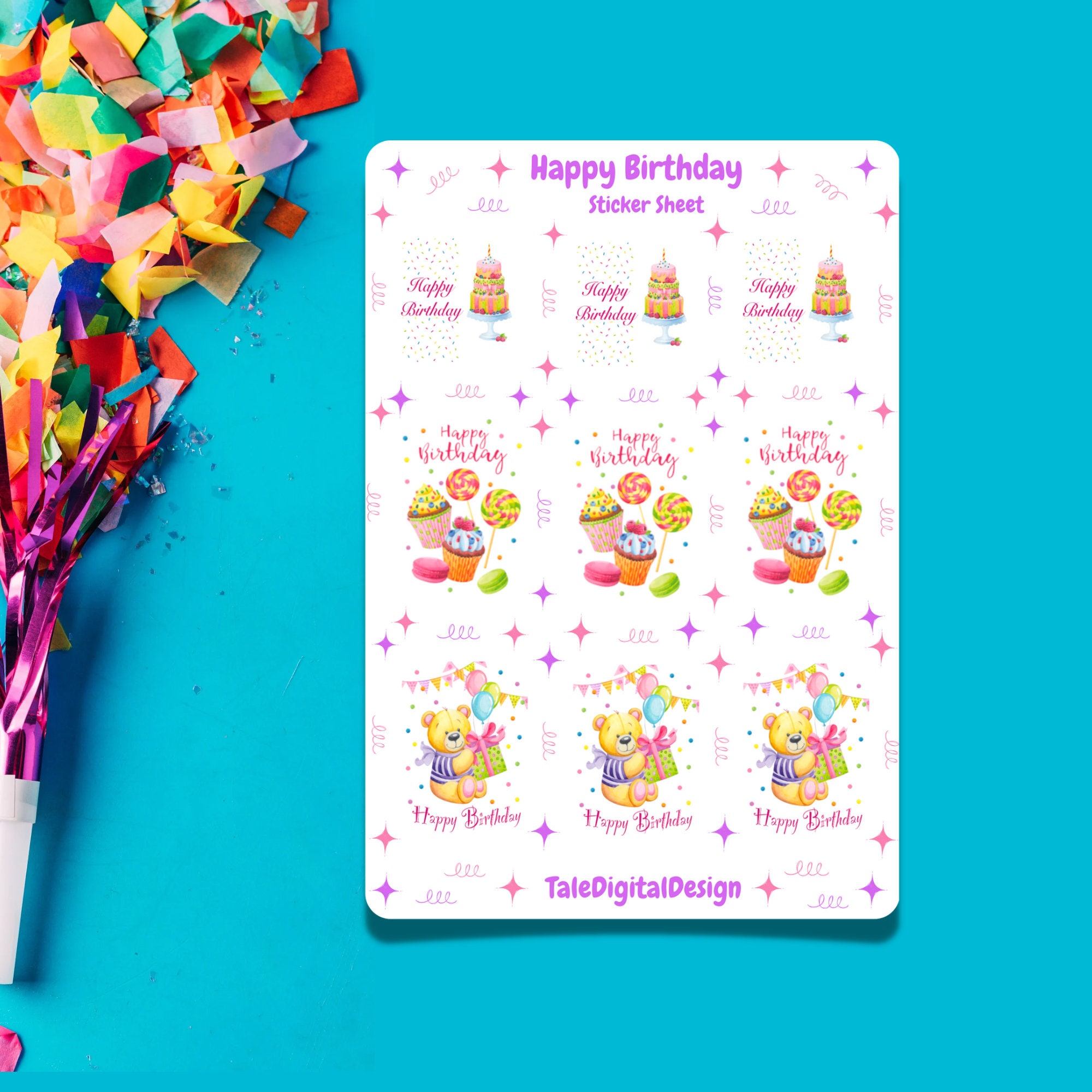 Happy Birthday Sticker Sheet Set Birthday Gift, Cake, Present, Lollipop ...