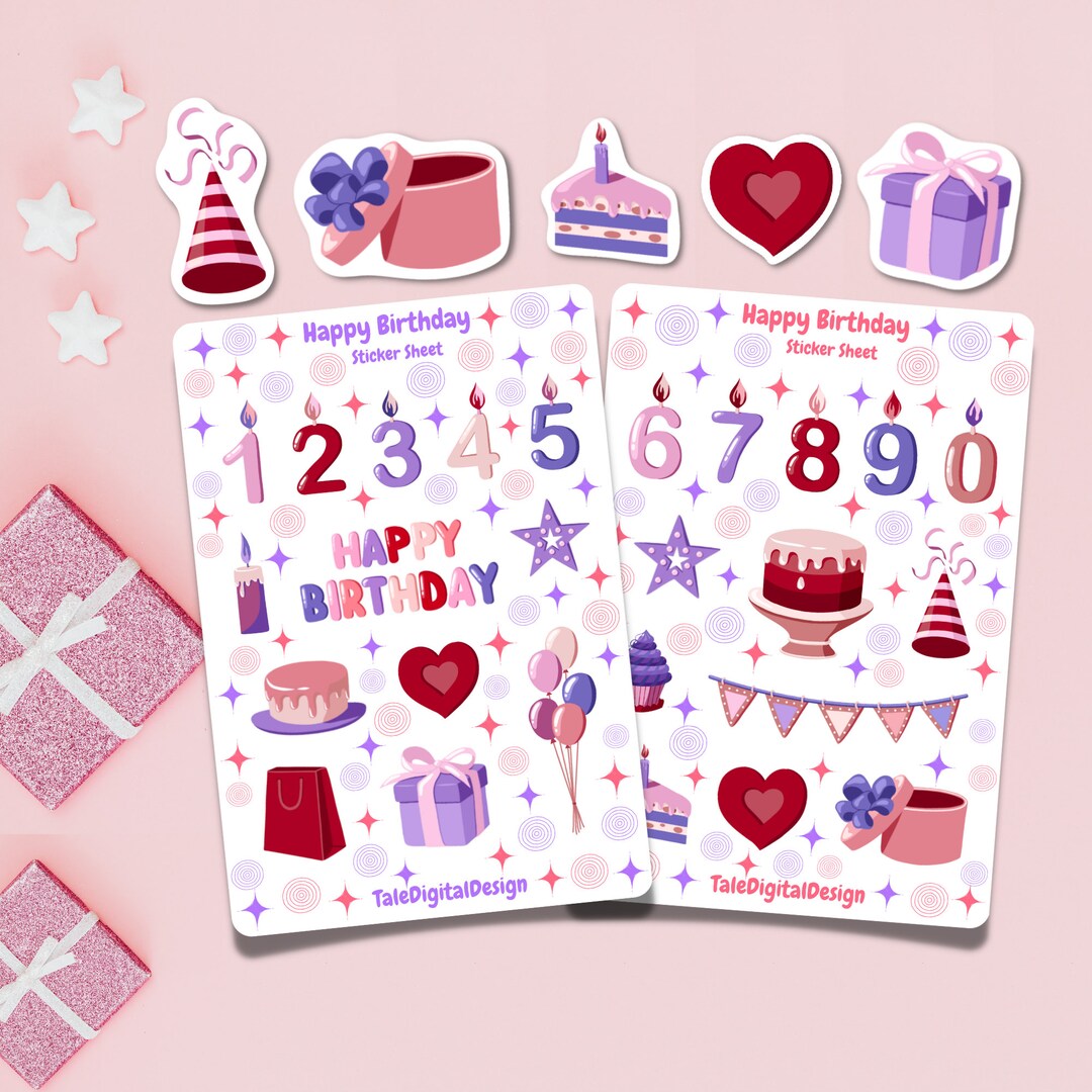 Happy Birthday Sticker Sheet Set Birthday Gift Cake Balloons Banner ...