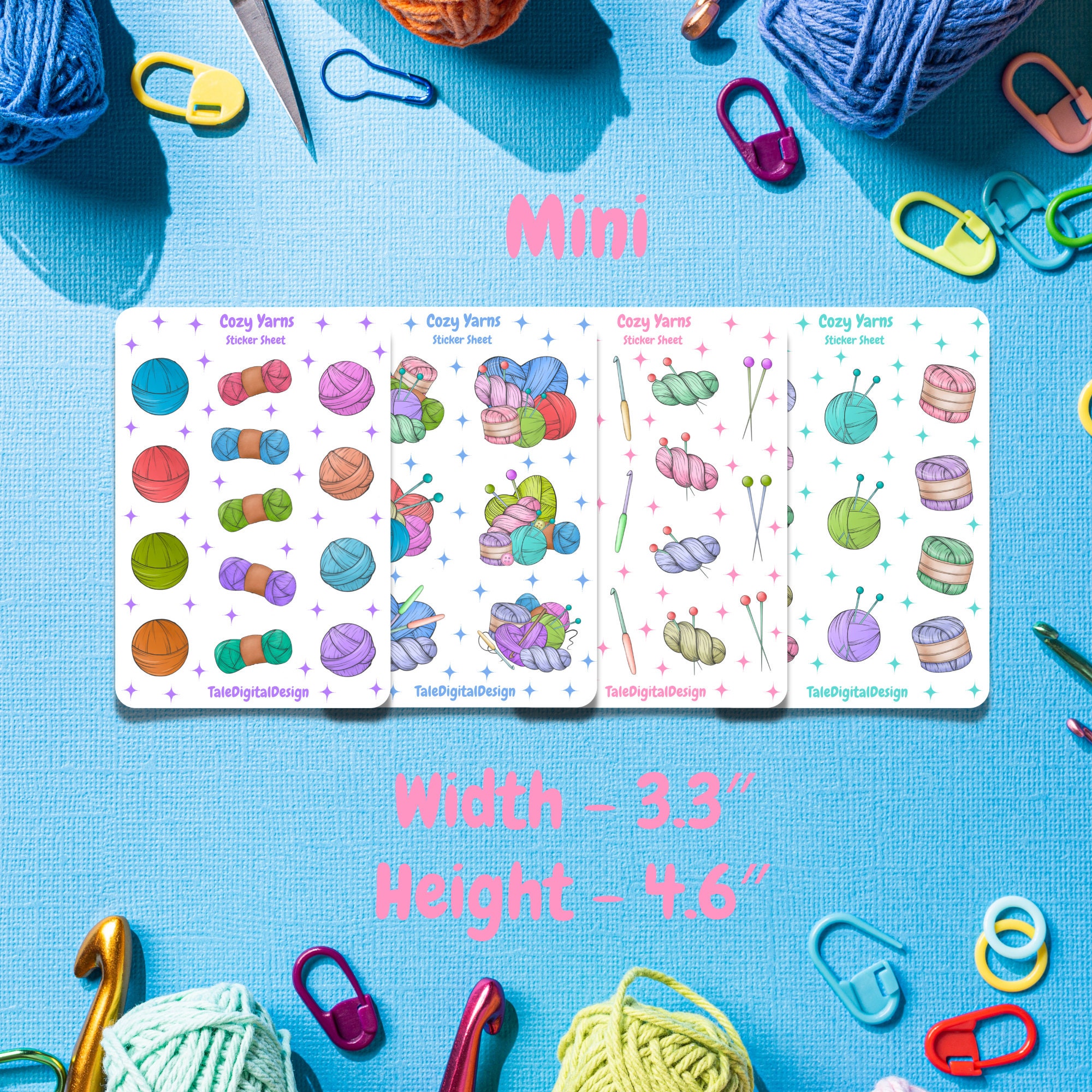 Cozy Yarns Sticker Sheet Set Craft Hobby Crochet Hook Knitting Needles ...