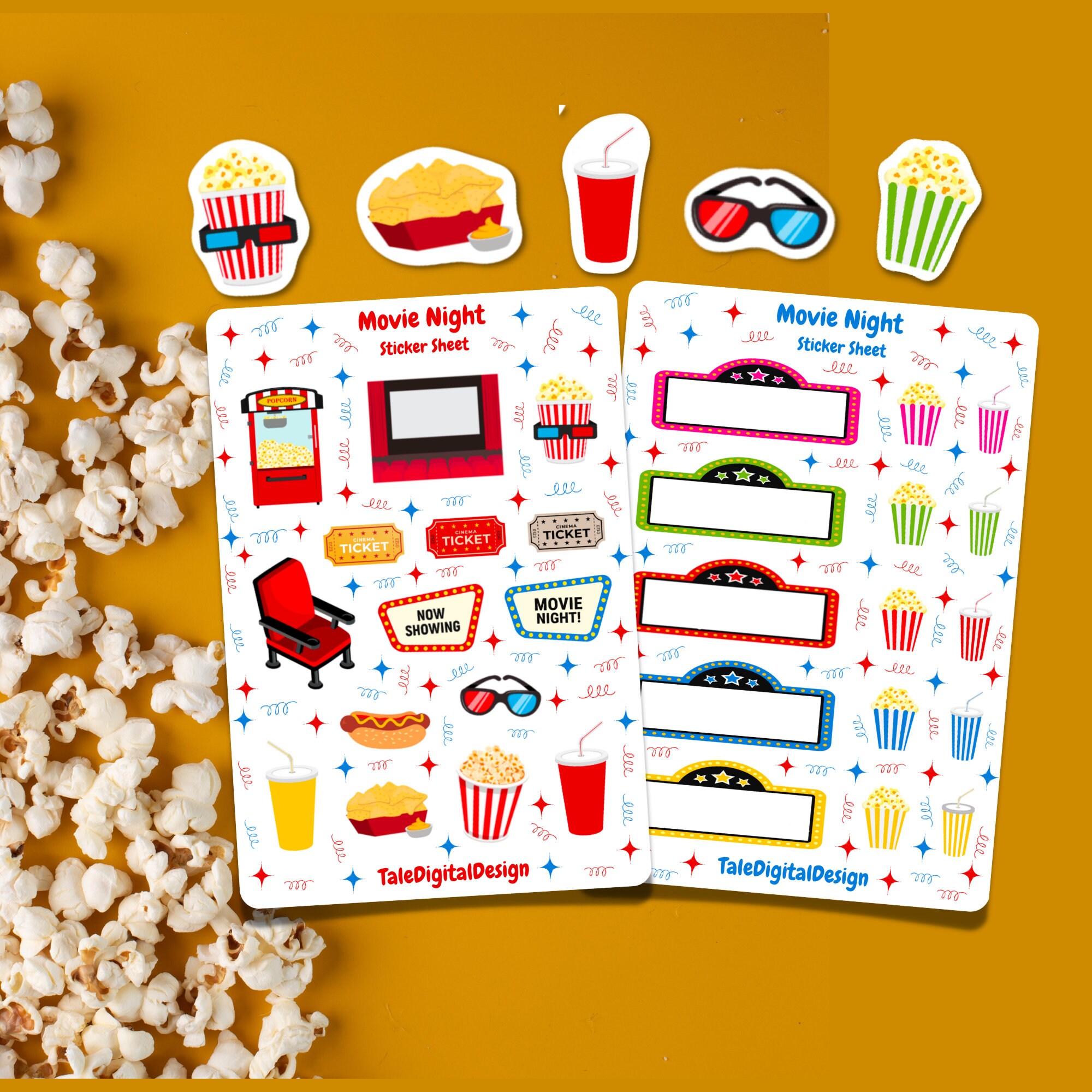 Movie Night Sticker Sheet Set Popcorn Movie Ticker Soft Drink 3D ...