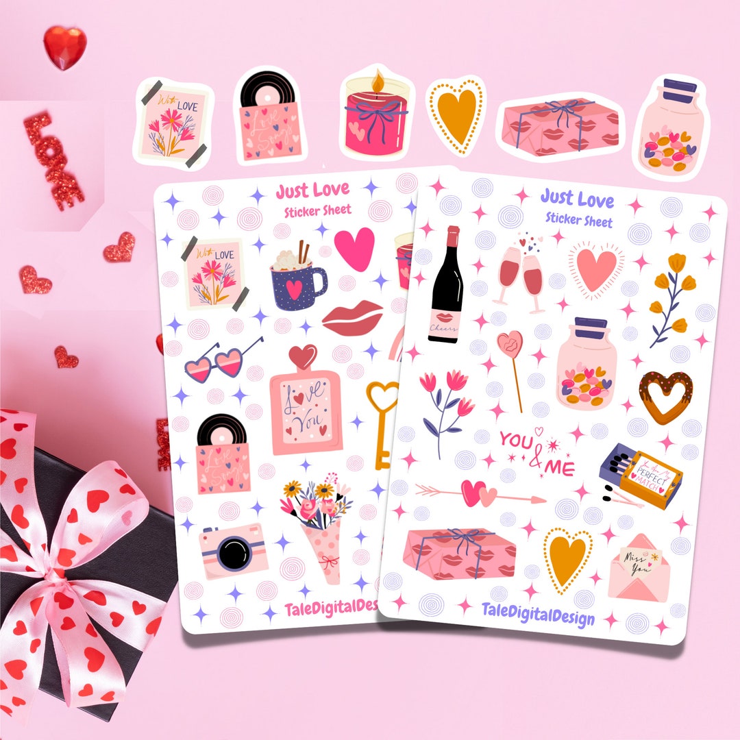 Love Sticker Sheet Set Flower Love Letter Mug Wine Gift Box Heart Key ...