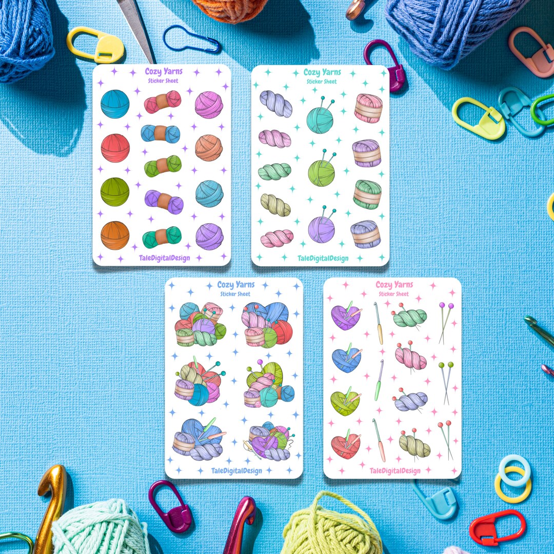 Cozy Yarns Sticker Sheet Set Craft Hobby Crochet Hook Knitting Needles ...