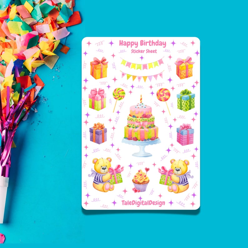 Happy Birthday Sticker Sheet Set Birthday Gift, Cake, Present, Lollipop ...