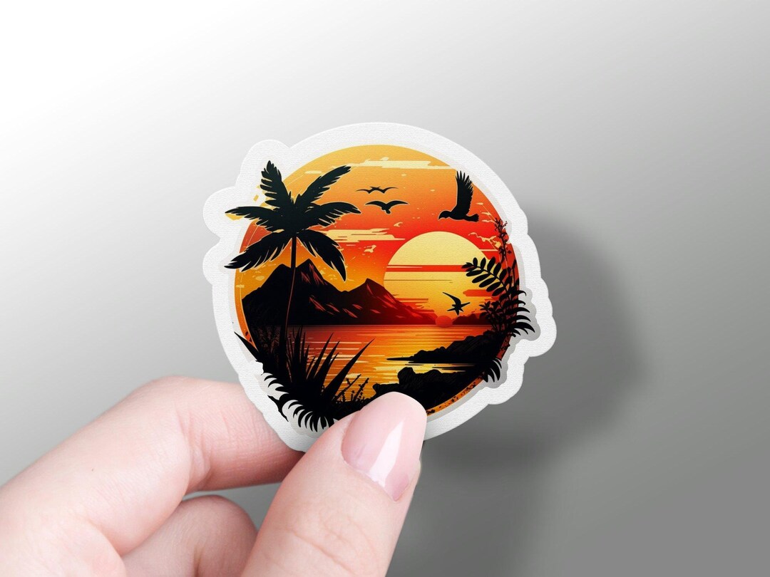 Sunset Sticker Tropical Beach Sticker Sunset Sticker Round Vinyl Laptop ...