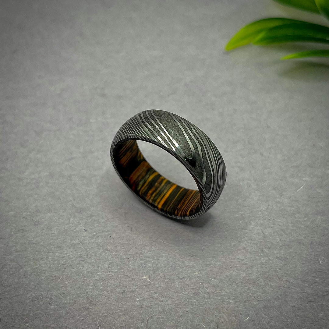 Damascus Wedding Band With Exotic Wood, Mens Wedding Band, Damascus ...