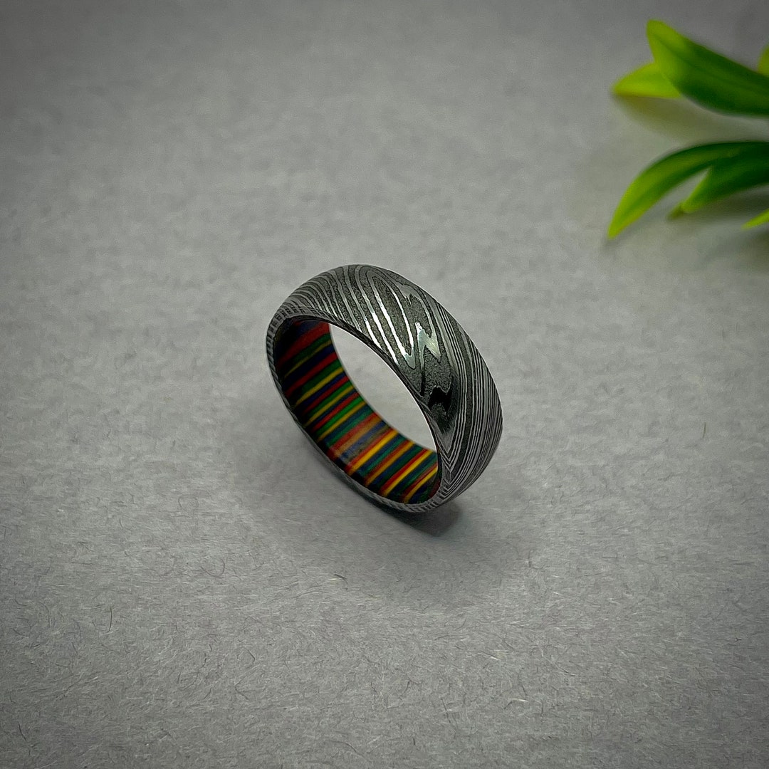 Damascus Steel Ring Band, Wood Inner, Handmade Ring, Ring Men Wedding ...