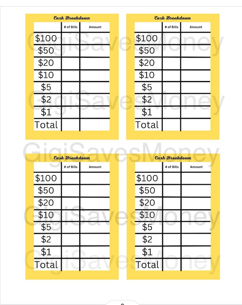 Cash Breakdown Teller Slip - Etsy