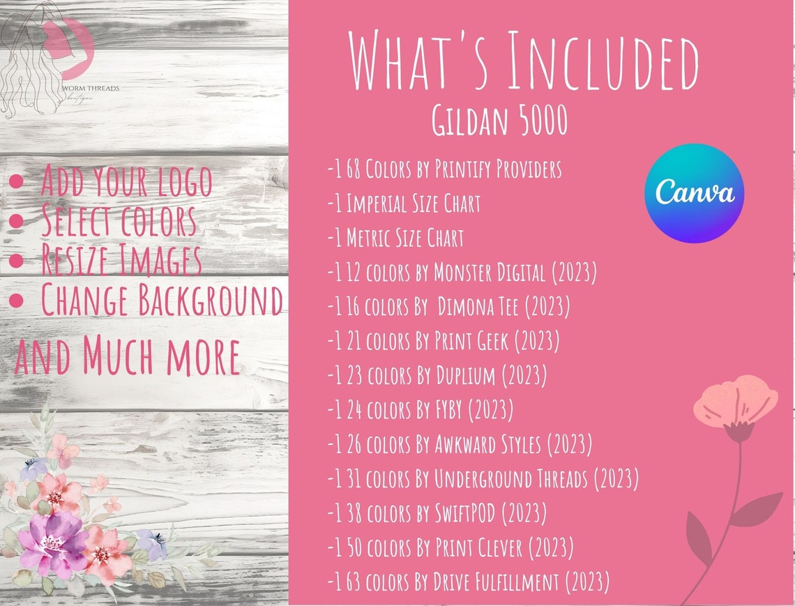 Gildan 5000 Editable Color Chart, Gildan 5000 Size Chart, Gildan 5000 ...