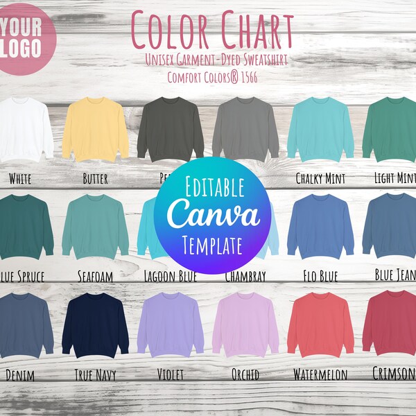 Editable Comfort Colors 1566 Color Chart & Size Chart, Canva Template ...