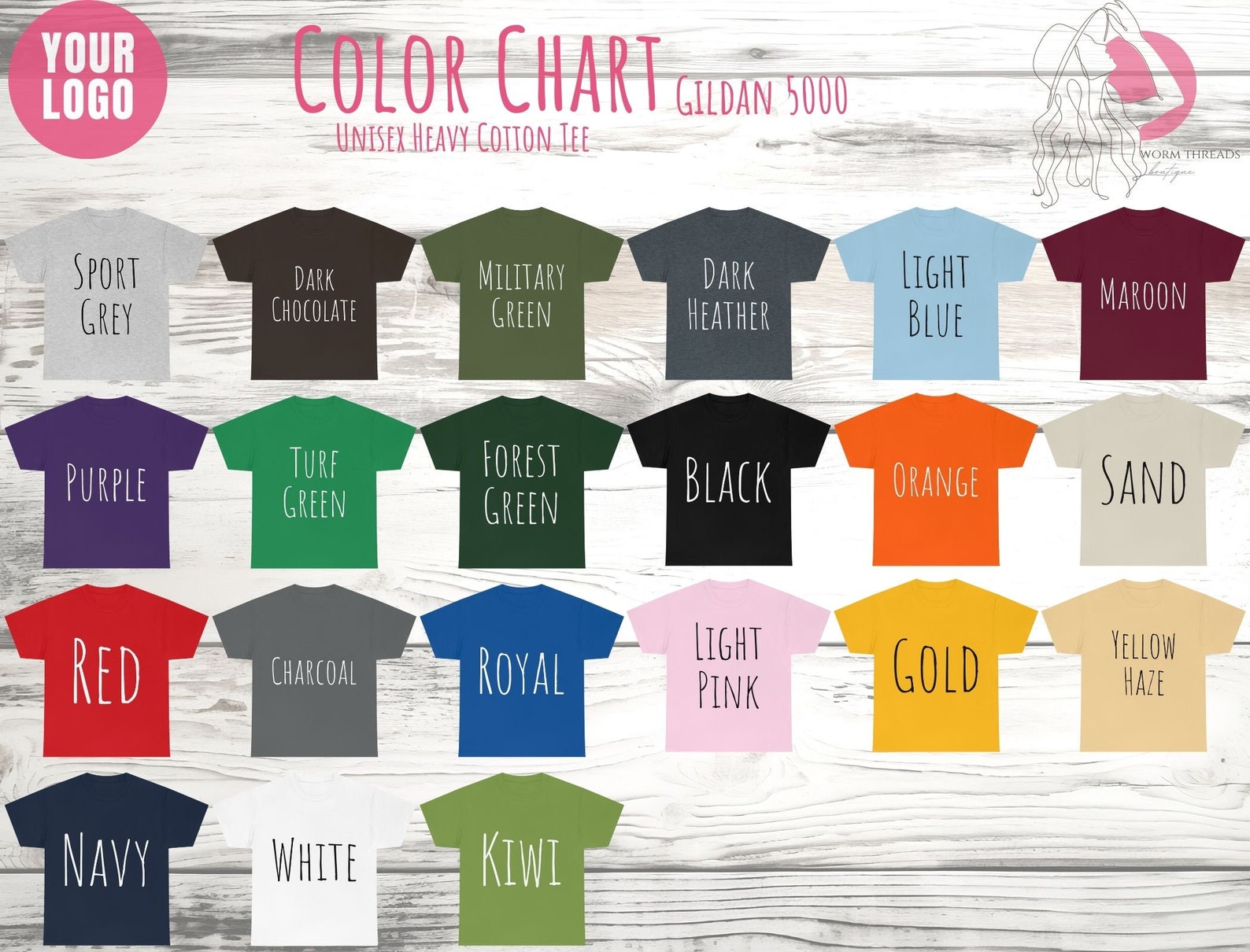 Gildan 5000 Editable Color Chart, Gildan 5000 Size Chart, Gildan 5000 ...
