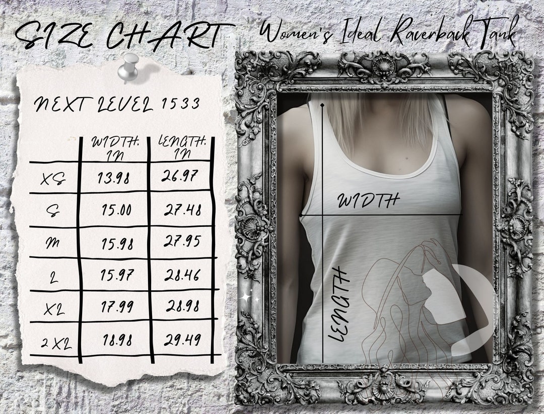 Next Level Size Chart, Next Level 1533 , Next Level Mockup, Tee Size Chart, Racerback Tank Size ...
