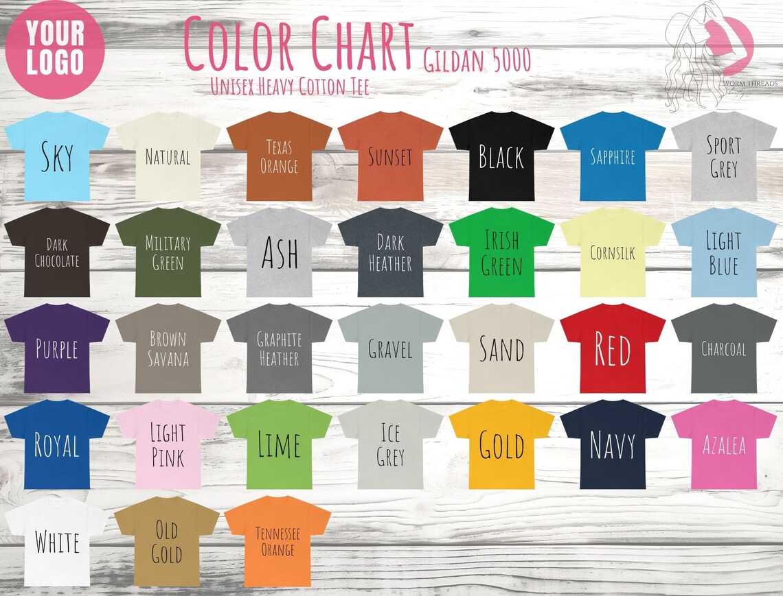 Gildan 5000 Editable Color Chart, Gildan 5000 Size Chart, Gildan 5000 ...