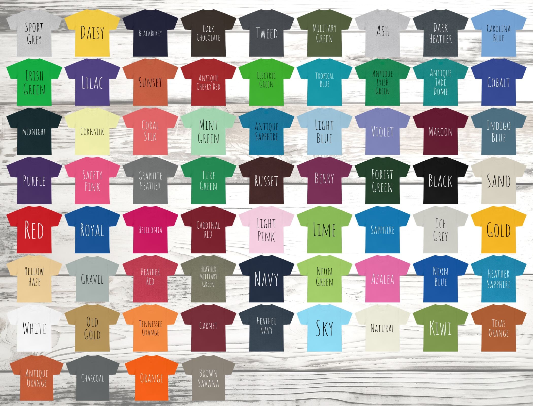 Gildan 5000 Editable Color Chart, Gildan 5000 Size Chart, Gildan 5000 ...