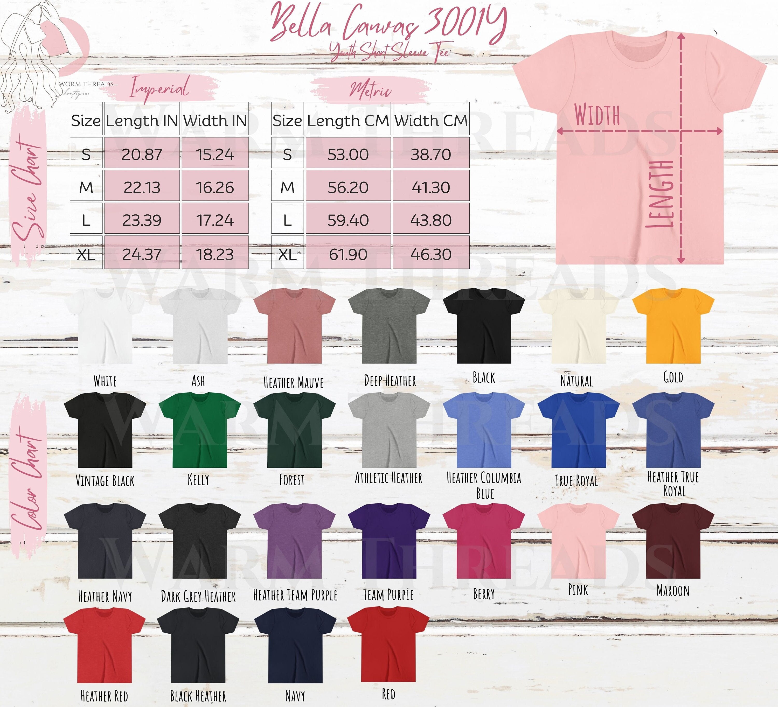 Bella Canvas 3001Y Size Chart, Bella Canvas 3001Y Color Chart, Bella ...