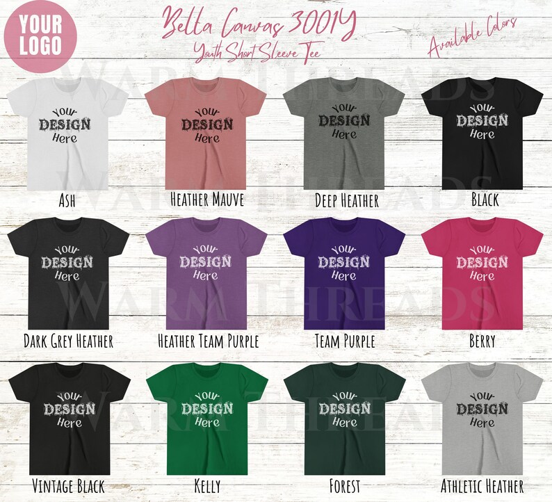 Editable Bella Canvas 3001Y Color Chart, Bella Canvas 3001Y Size Chart ...