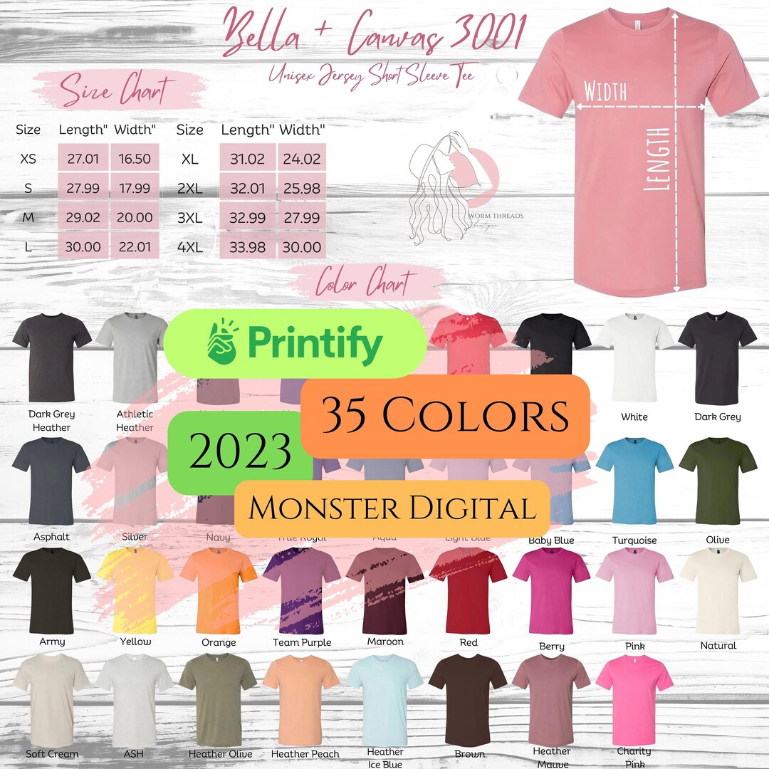 Bella Canvas Size Chart, Bella Cavas 3001, Color Chart & Size Chart ...