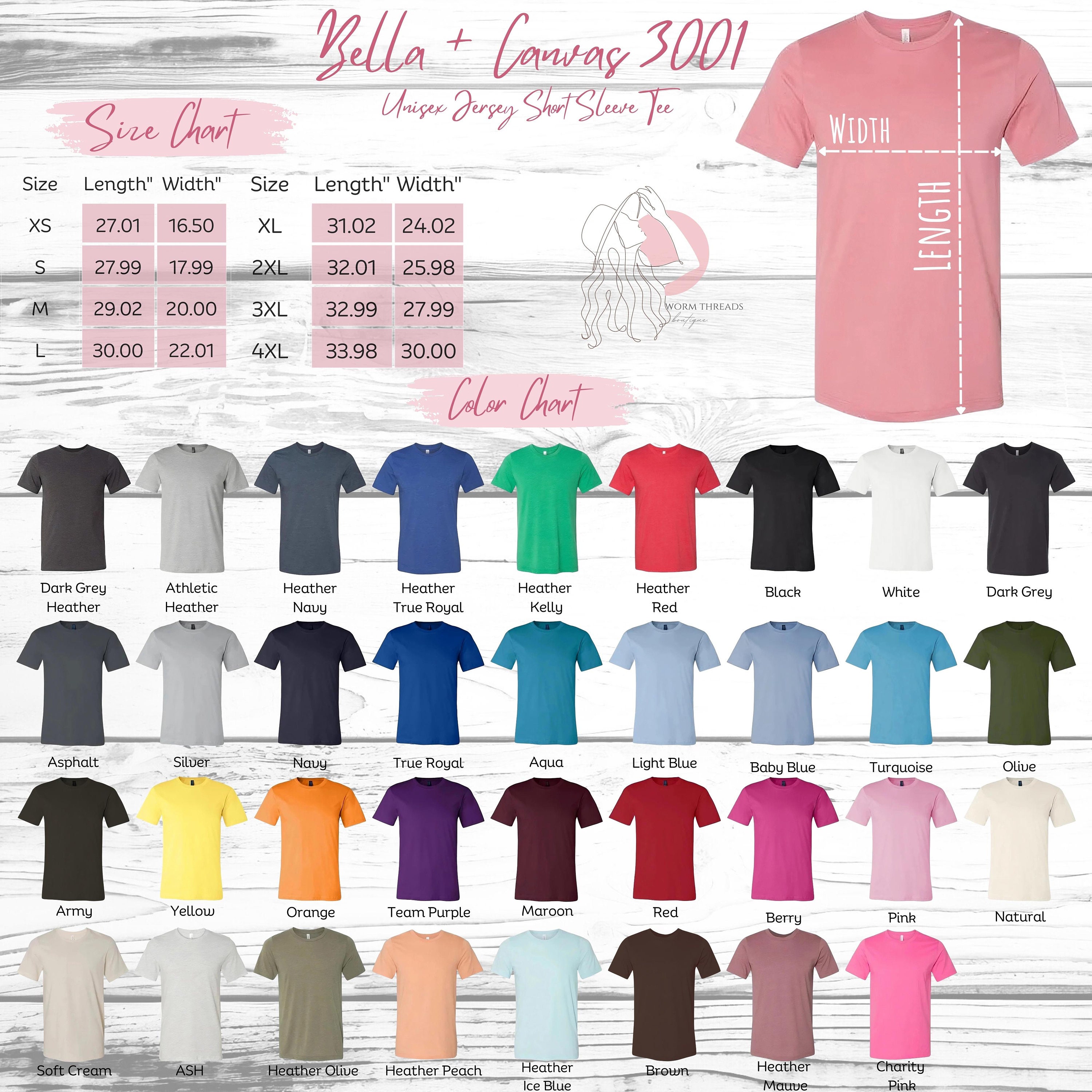 Bella Canvas Size Chart, Bella Cavas 3001, Color Chart & Size Chart ...