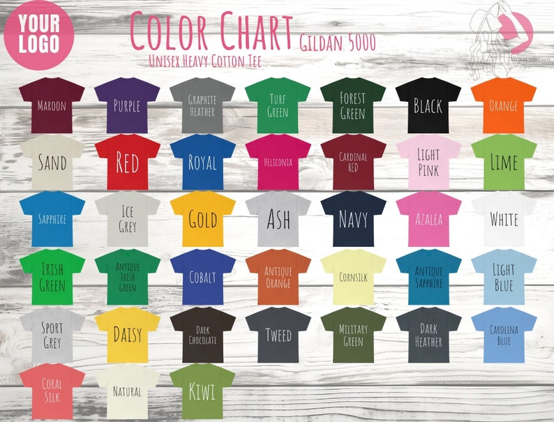 Gildan 5000 Editable Color Chart, Gildan 5000 Size Chart, Gildan 5000 ...