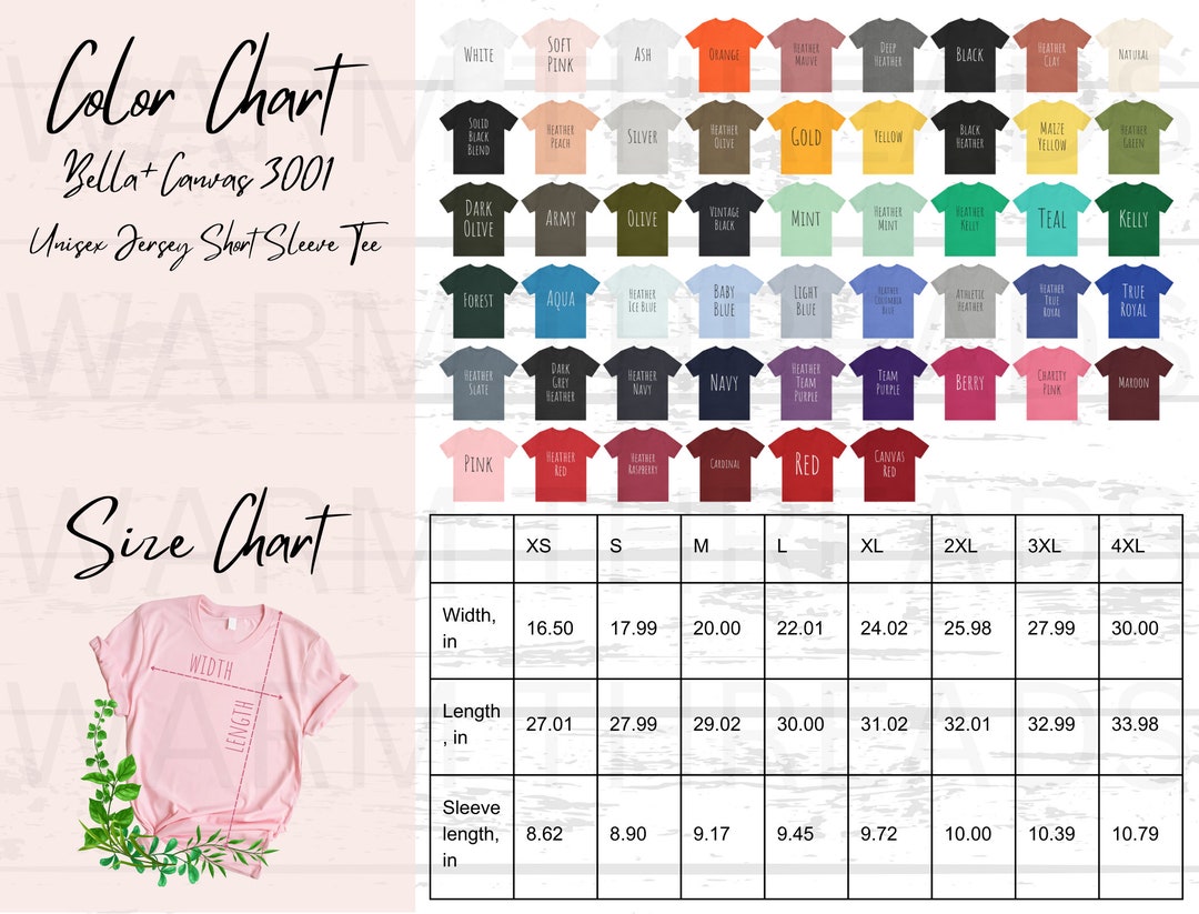 Bella Canvas Size Chart, Bella Canvas 3001, Color Chart & Size Chart ...