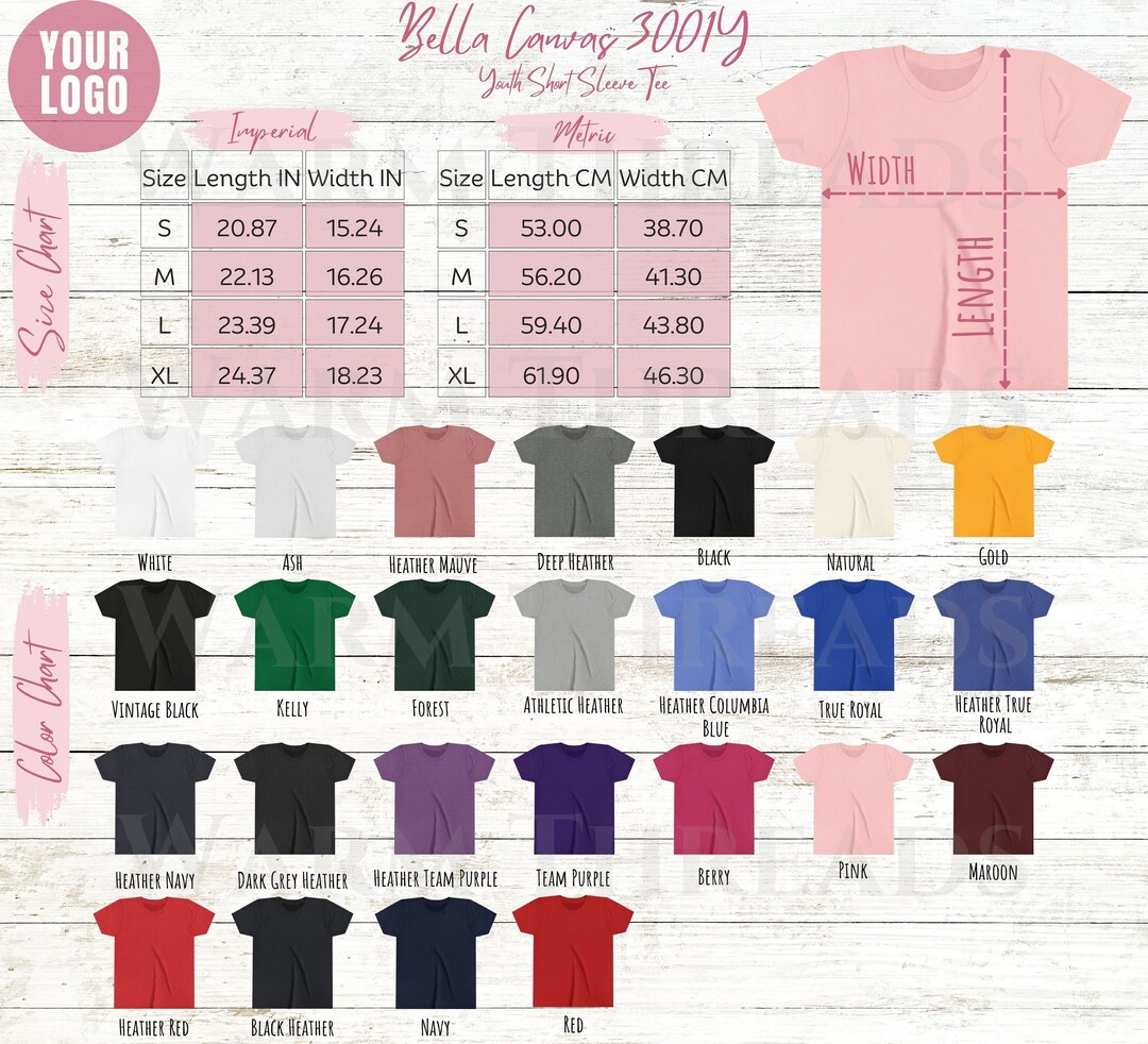 Editable Bella Canvas 3001Y Color Chart, Bella Canvas 3001Y Size Chart ...