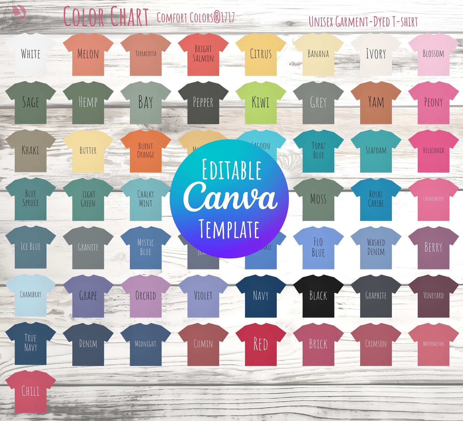 Editable Comfort Colors 1717 Color Chart & Size Chart, Canva Template ...