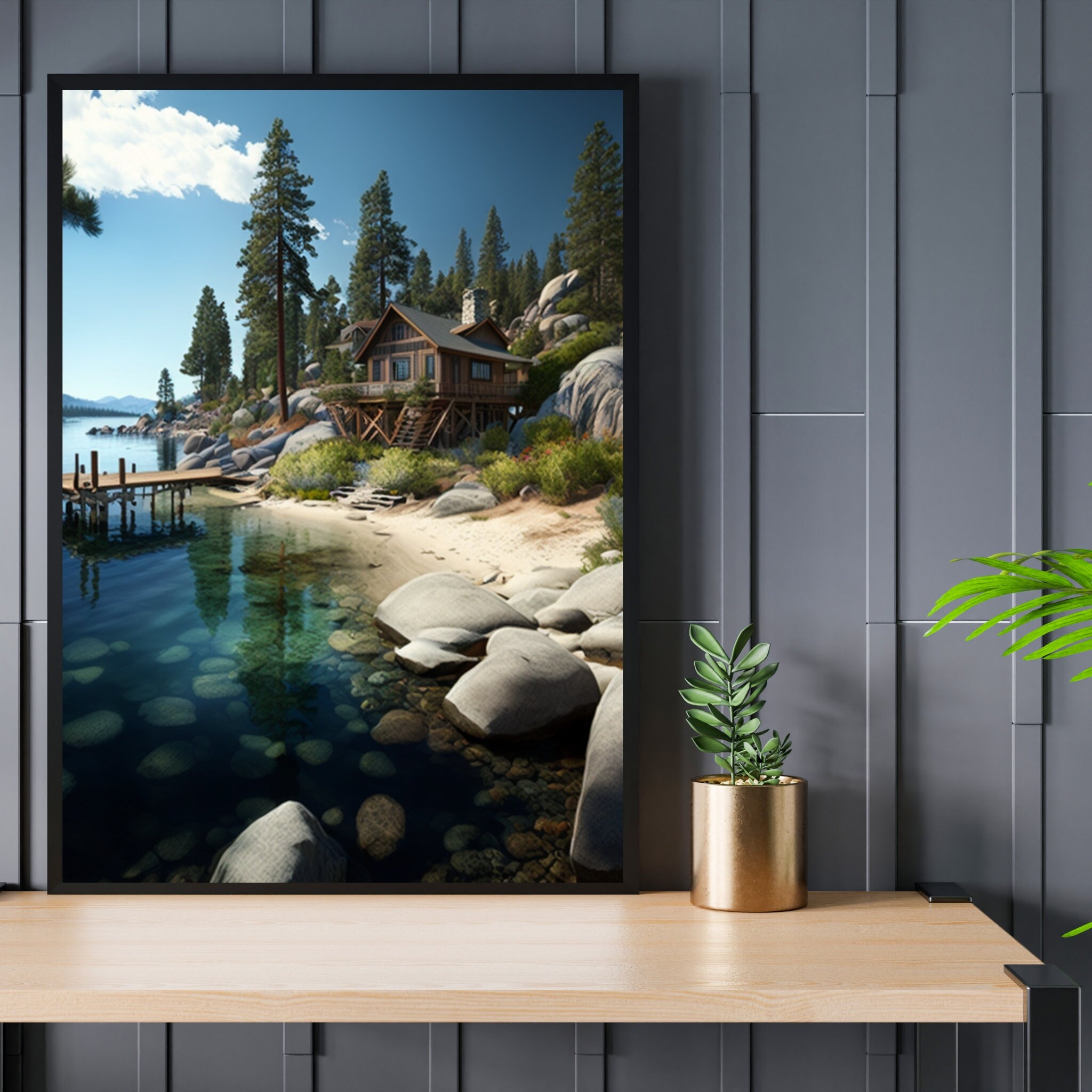 Log Cabin Wall Art Mountain Wall Art Lake House Decor Rocky Mountains ...