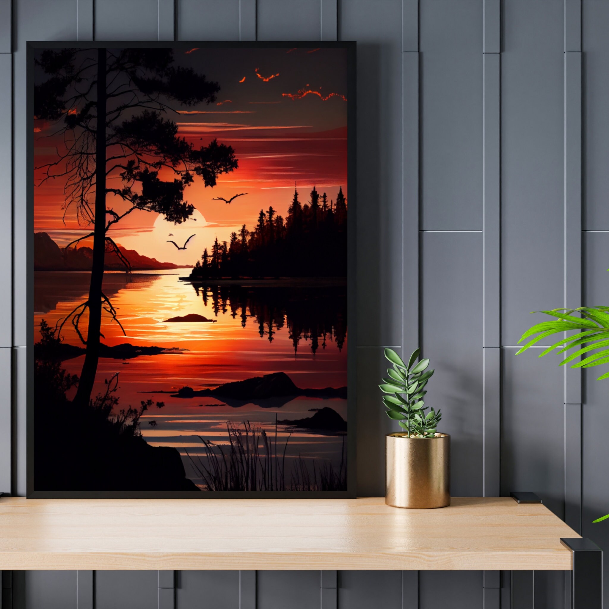 Sunset Over Lake Cartoon Wall Art Sunset Wall Art Animated Sunset ...