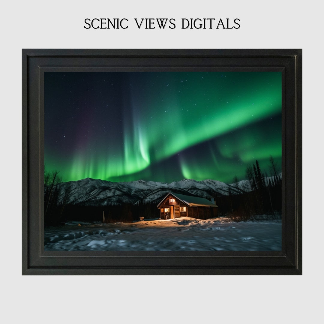 Northern Lights Art Instant Download Cabin in Mountains Decor Northern ...