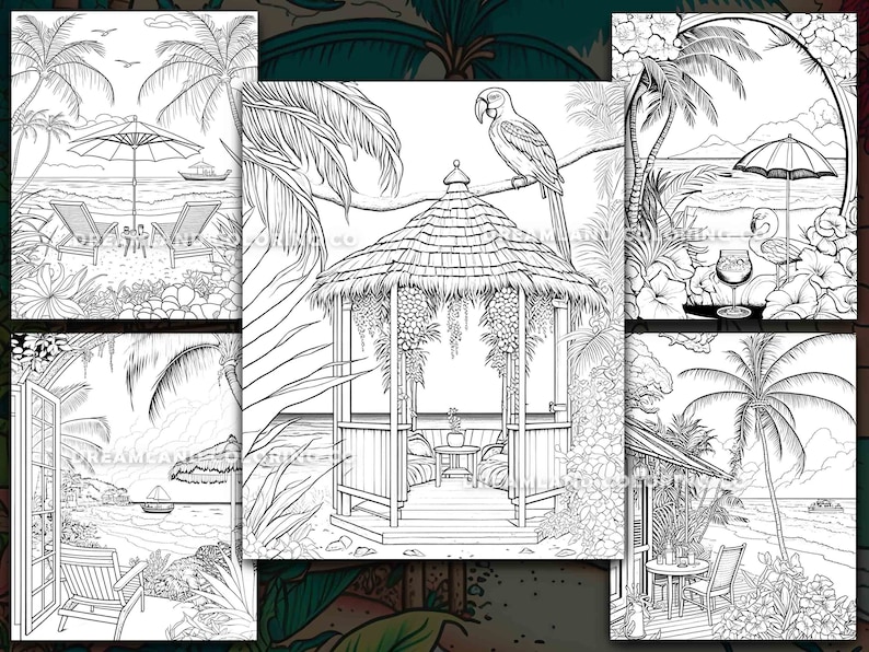 25 Tropical Vacation Trip Coloring Book Pages Adults Kids Traveling ...