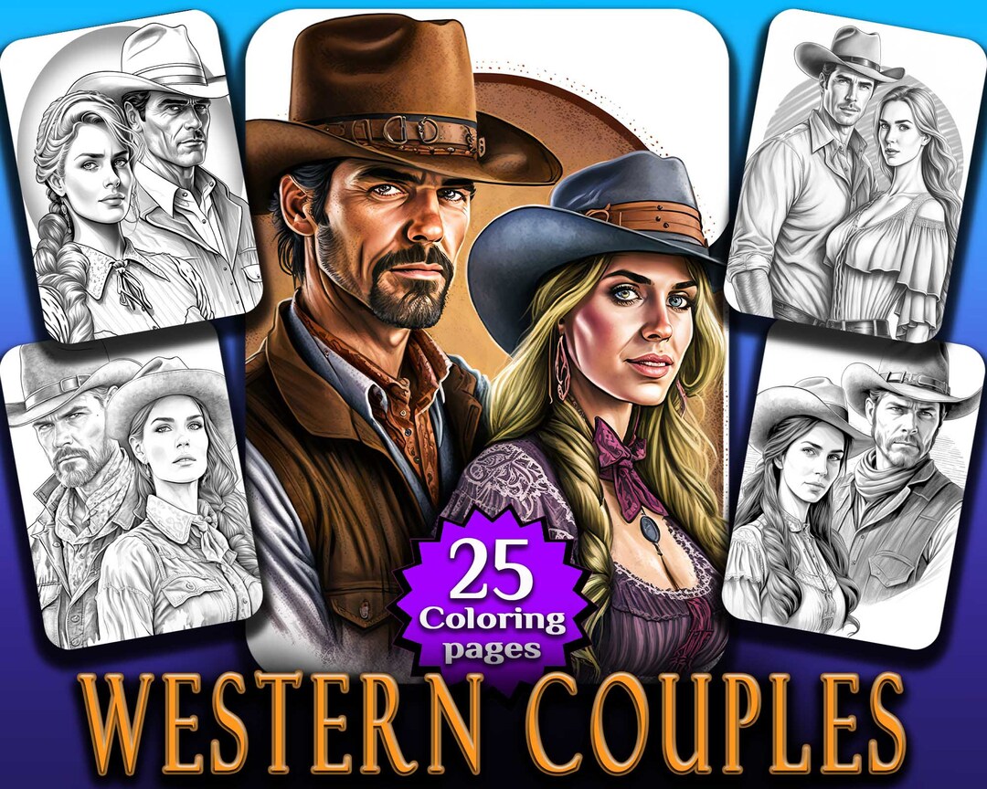 Western Couples Cowboy & Cowgirl Grayscale Coloring Pages | Relaxation ...