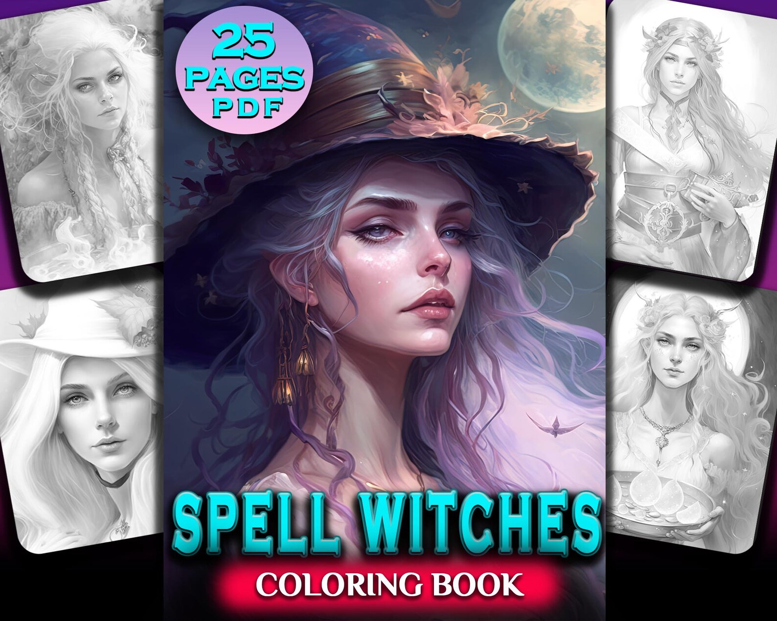 Spell Witch Fantasy Women Coloring Book, Adult Kids Downloadable ...