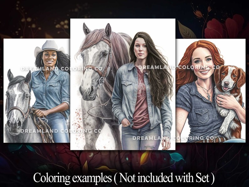 Country Farm Cowgirls Coloring Book Pages for Adults & Kids Grayscale ...