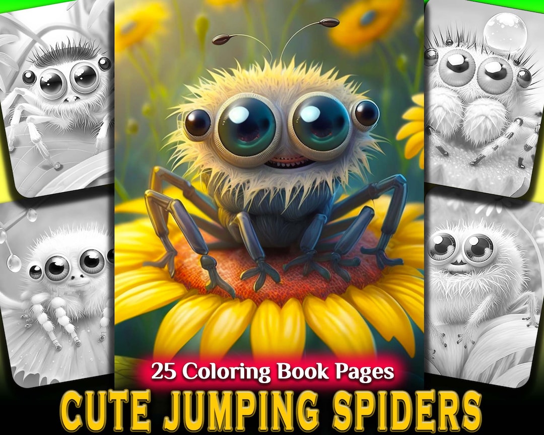 Cute Jumping Spider Coloring Book Adult Kid Downloadable Grayscale ...
