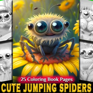 Cute Jumping Spider Coloring Book Adult Kid Downloadable Grayscale ...