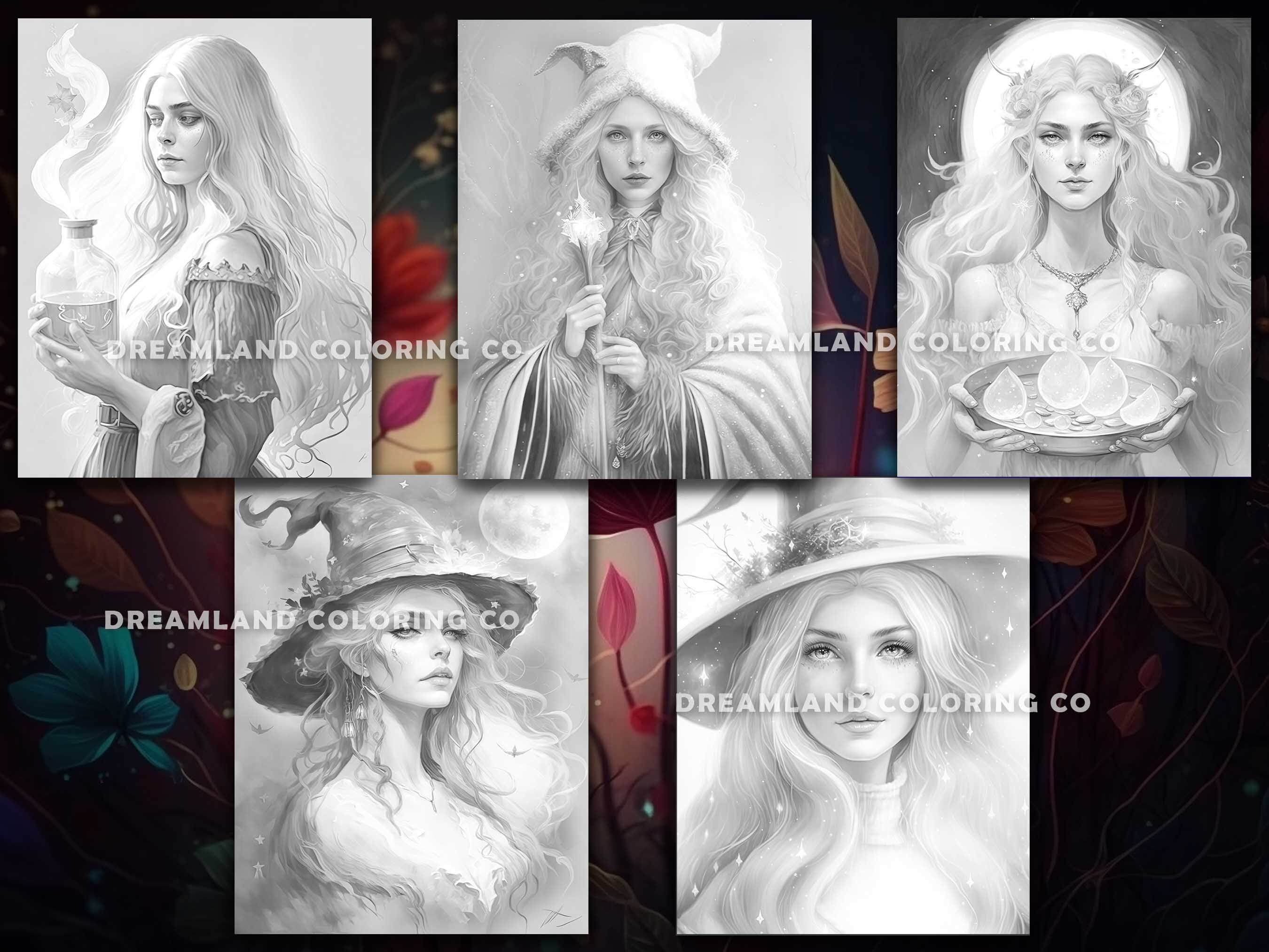 Spell Witch Fantasy Women Coloring Book, Adult Kids Downloadable ...