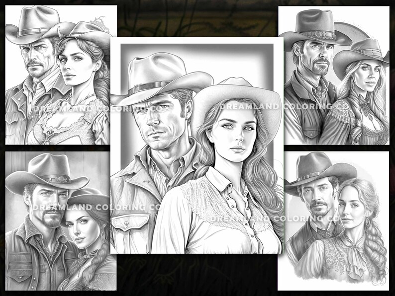 Western Couples Cowboy & Cowgirl Grayscale Coloring Pages - Etsy