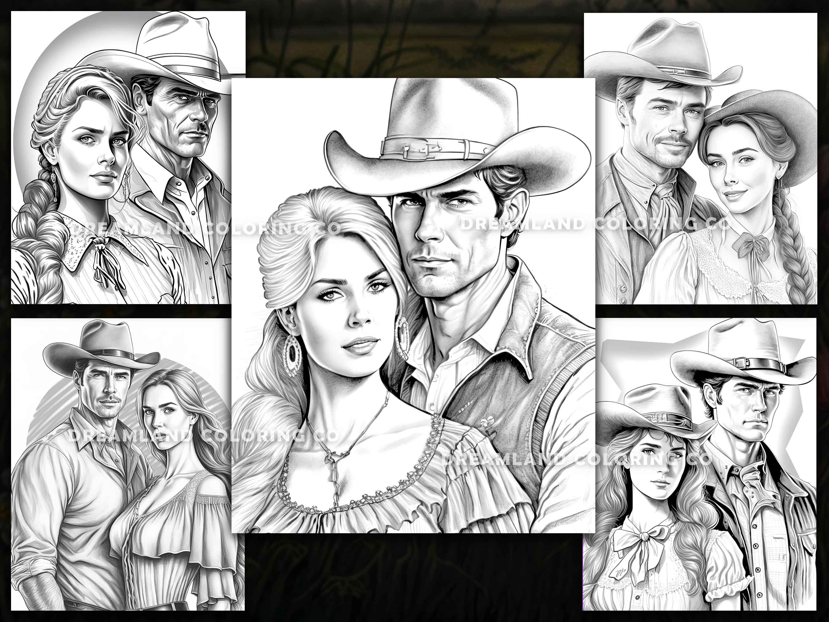 Western Couples Cowboy & Cowgirl Grayscale Coloring Pages Relaxation ...